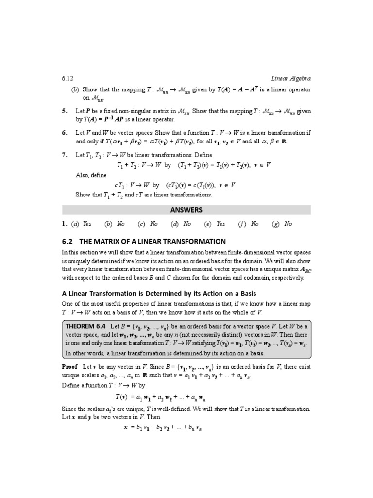 Matrix of A Linear Transformation | PDF | Basis (Linear Algebra ...