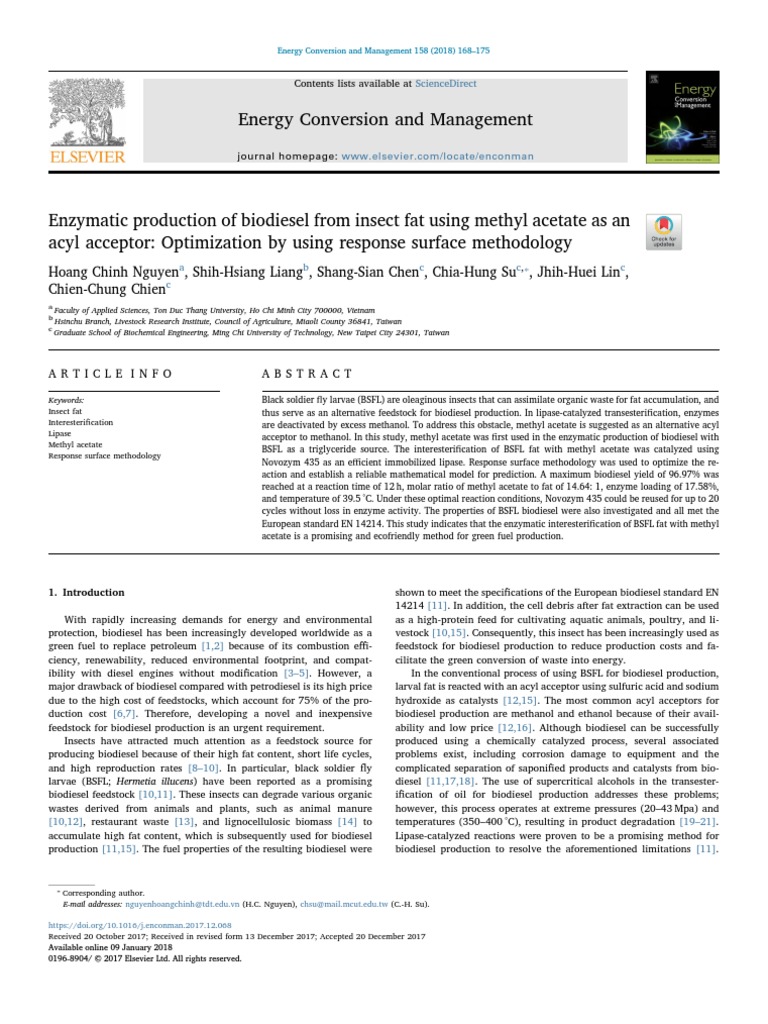 Enzymatic Production of Biodiesel From Insect Fat Using Methyl Acetate ...