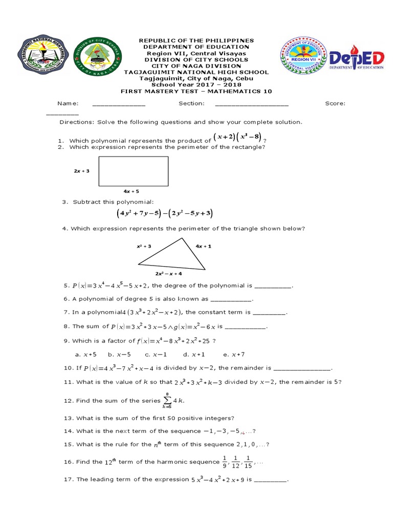 First Mastery Test | PDF | Polynomial | Mathematics