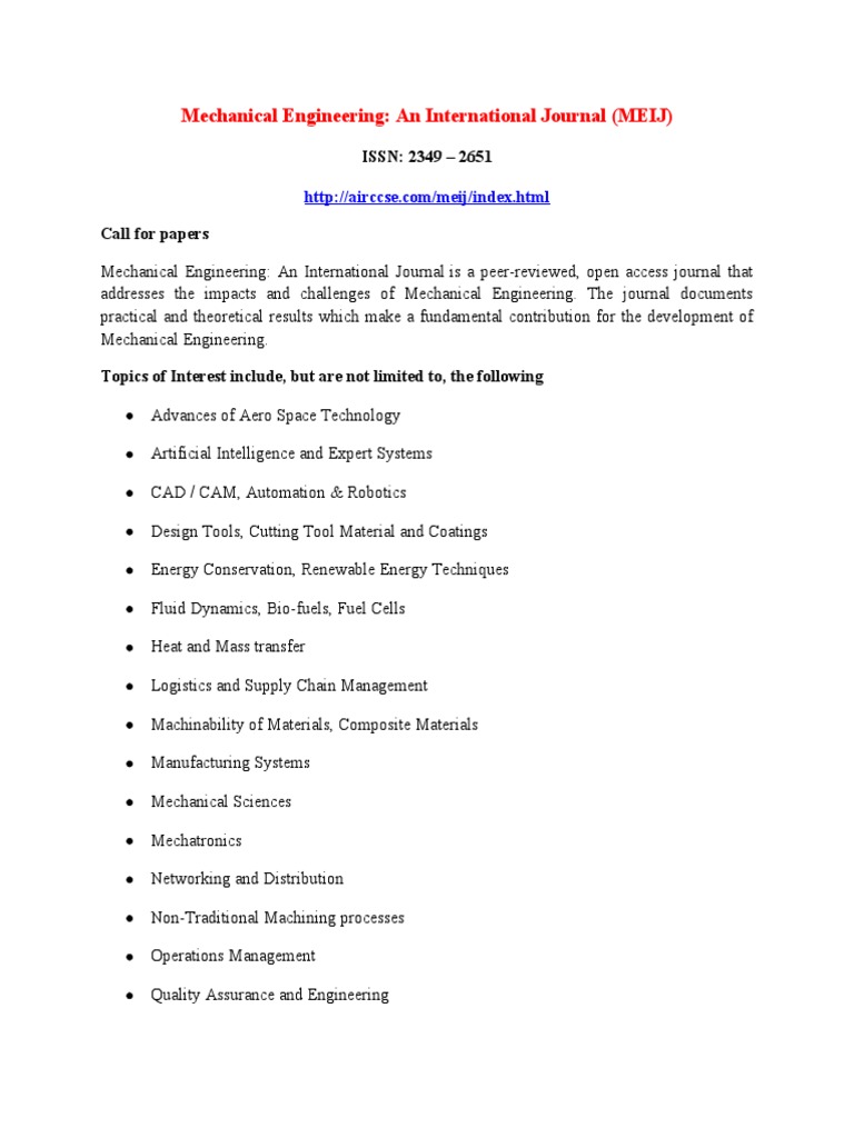 Mechanical Engineering: An International Journal (MEIJ) | PDF ...