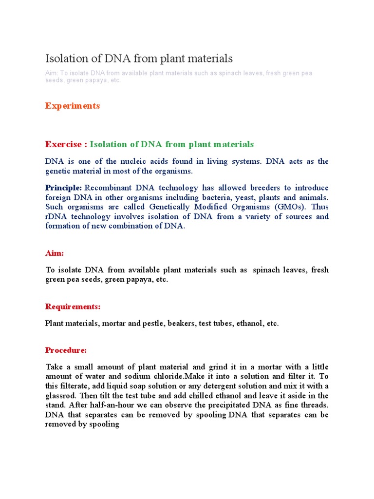 Isolation of DNA From Plant Materials: Experiments | PDF