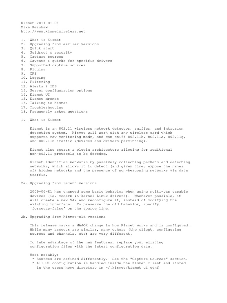 Kismet 2011-01-R1 User Manual: A Comprehensive Guide to Configuring ...