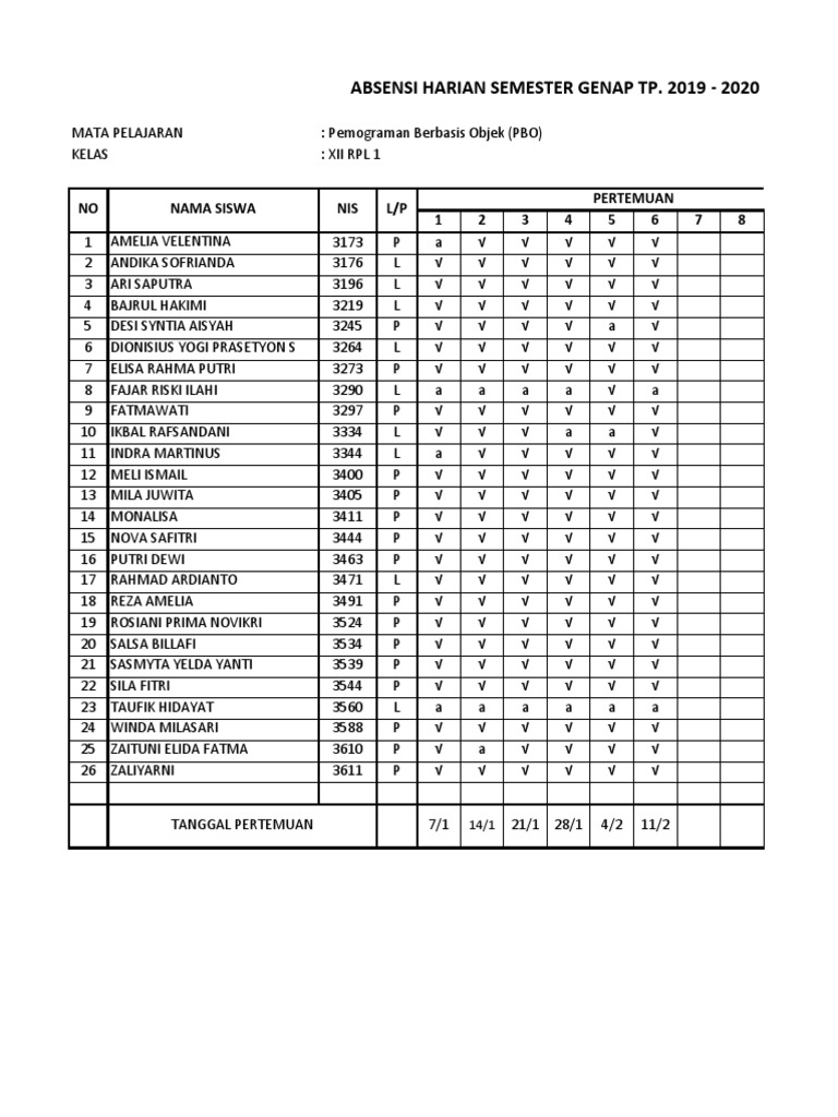 Absensi PBO Kelas XII RPL 2019-2020 | PDF