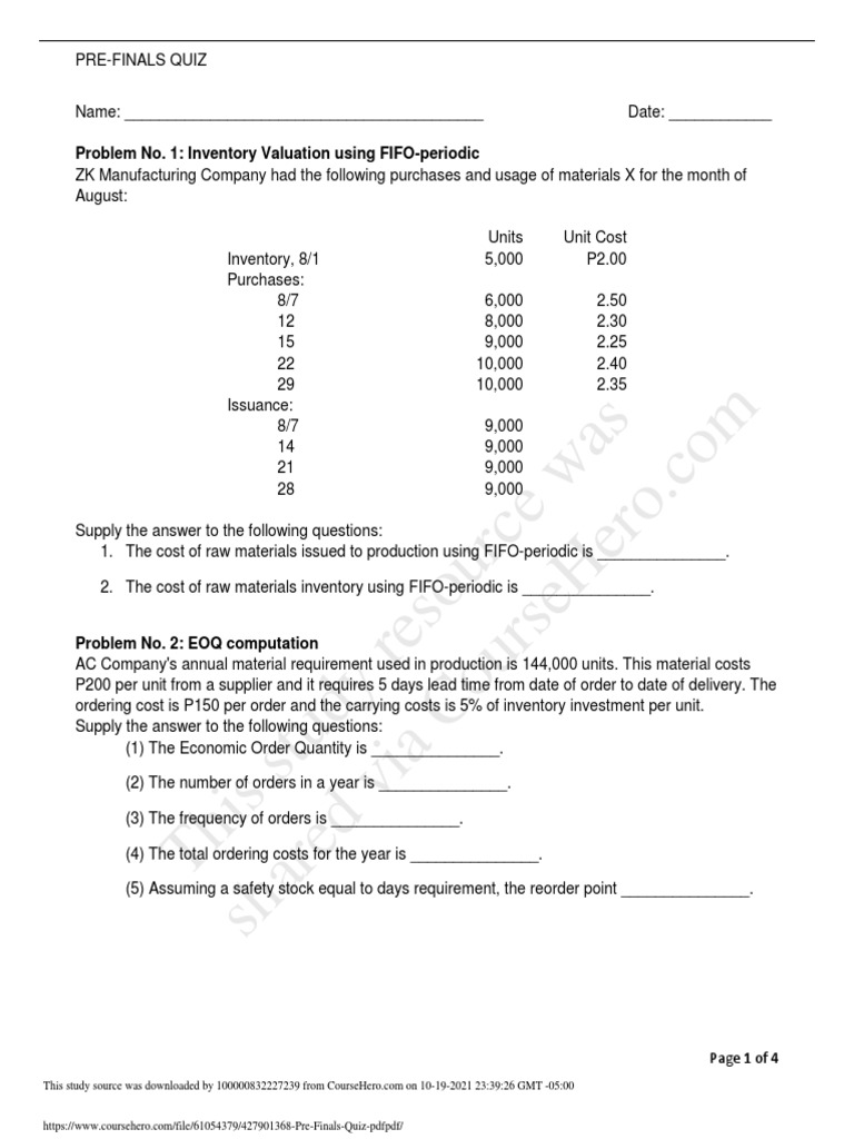 Pre-Finals Quiz on Inventory and Costing | PDF | Cost Of Goods Sold ...