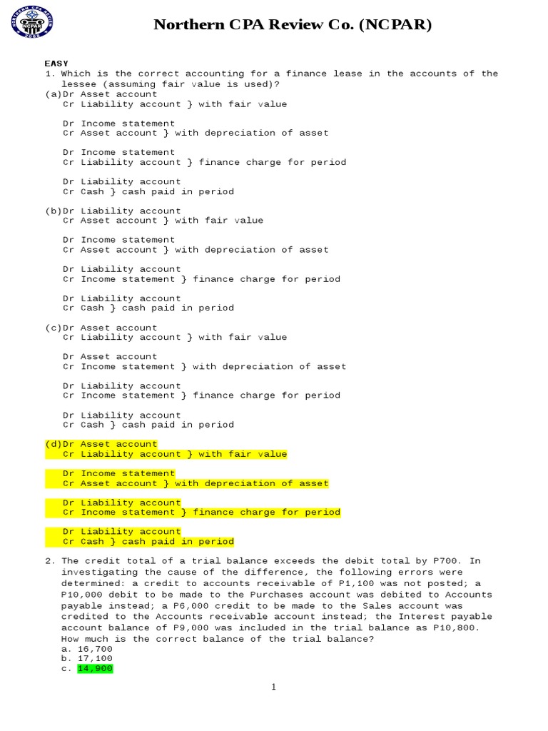 Northern CPA Review Co. (NCPAR) | PDF | Goodwill (Accounting) | Debits ...