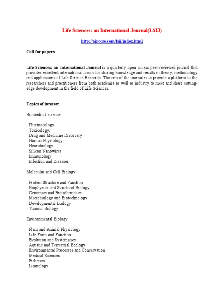 Call for Papers: Life Sciences Journal | PDF | Science & Mathematics