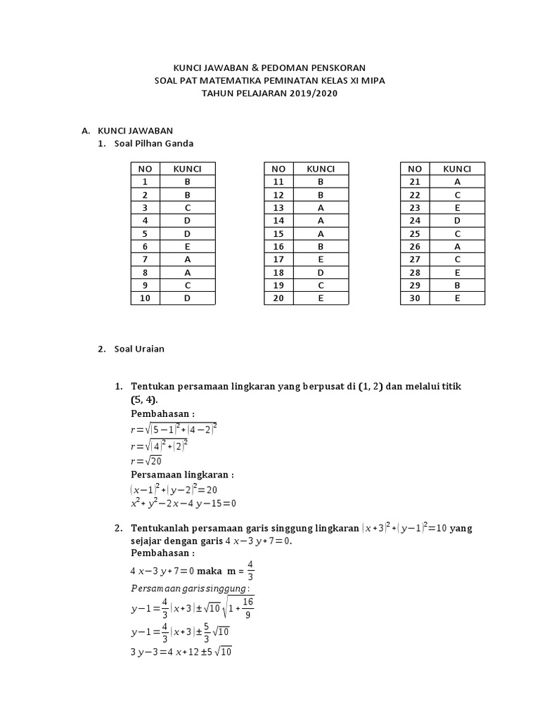 3) Kunci Jawaban Soal Pat Matematika Peminatan Kelas Xi Mipa Nur Iman | PDF