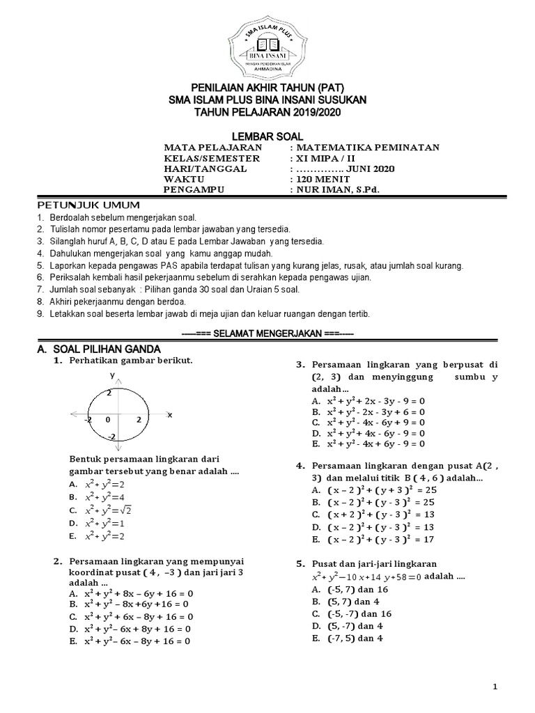 2) Soal Pat Matematika Peminatan Kelas Xi Mipa Nur Iman | PDF