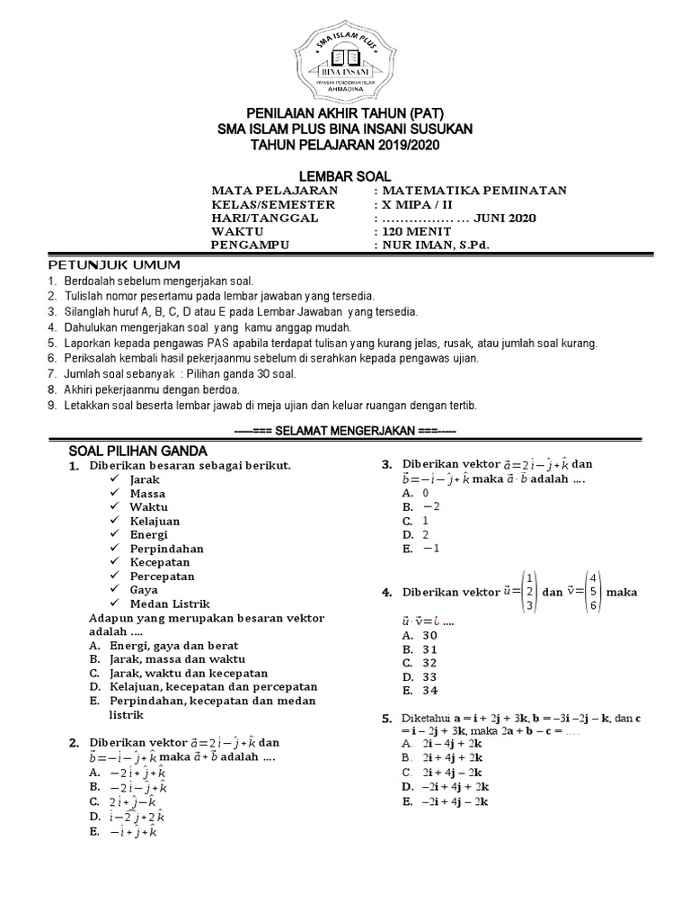 2) Soal Pat Matematika Peminatan Kelas X Mipa Nur Iman | PDF