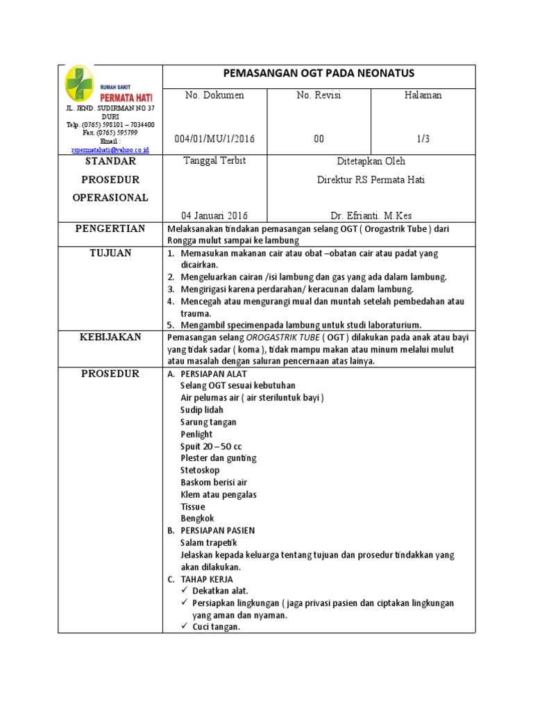 Pemasangan Ogt Pada Neonatus Standar Prosedur Operasional | PDF