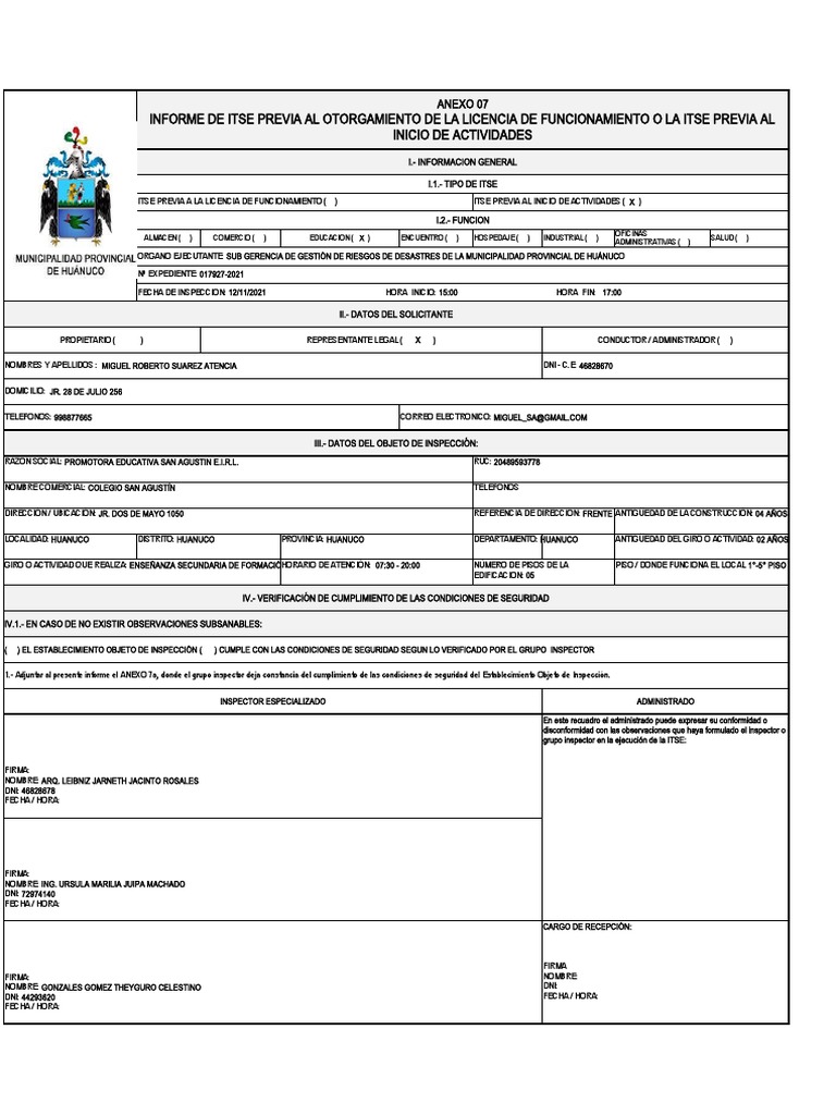Anexo 7 Informe de ITSE Previa | PDF | Hormigón | Peligros