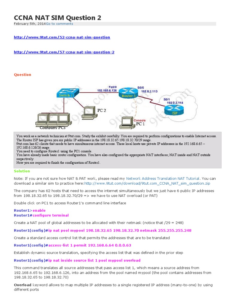 CCNA NAT SIM Question 2: Go To Comments | PDF | Ip Address | Telecommunications