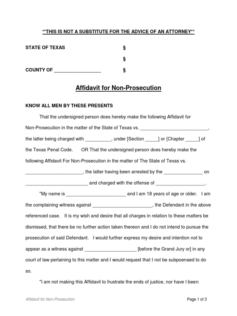 Affidavit For Non-Prosecution: This Is Not A Substitute For The Advice ...