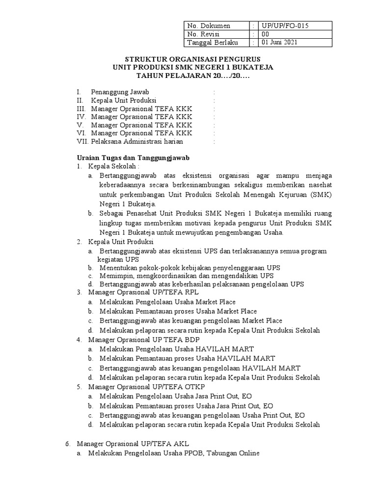 FO 15 - Struktur Pengurus Unit Produksi Dan Uraian Tugas | PDF | Bisnis