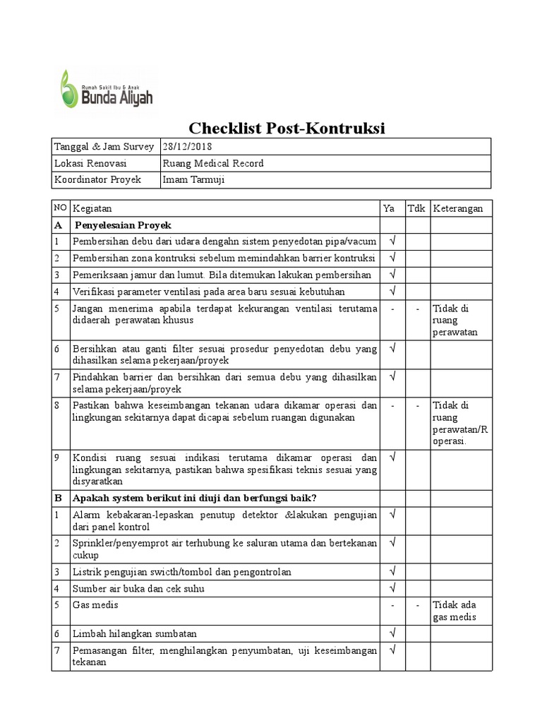 Checklist Post-Kontruksi | PDF