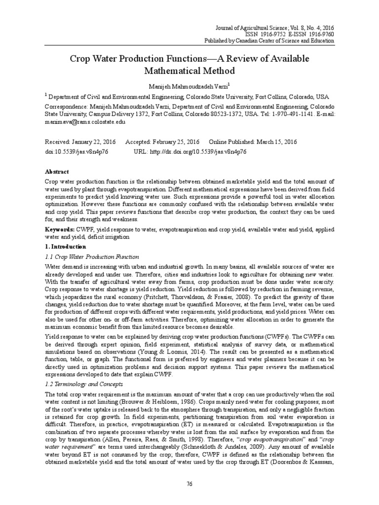 Crop Water Production Functions-A Review of Available Mathematical ...