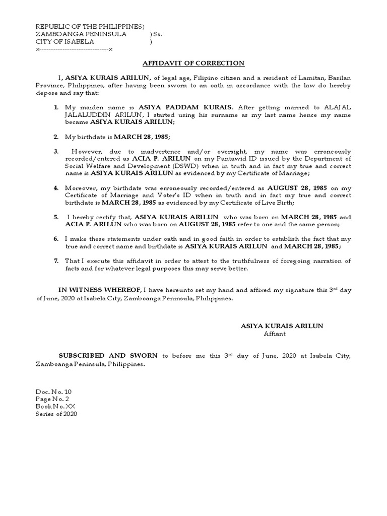 Affidavit Correction Pantawid (First Person) | PDF | Social Science | Law