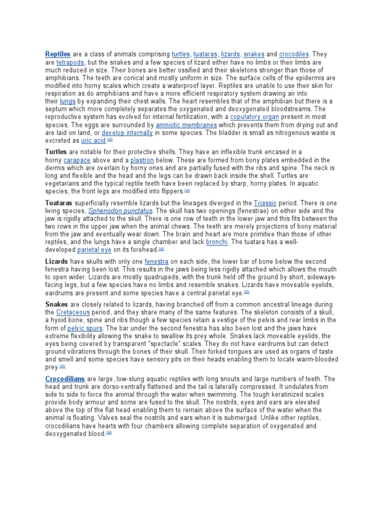 Turtles Tuataras Lizards Snakes Crocodiles Tetrapods: Reptiles | PDF ...