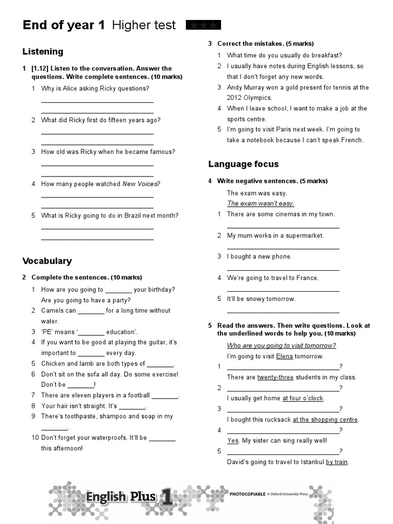End of Year 1 Higher Test: Listening | PDF | English Language | Vocabulary