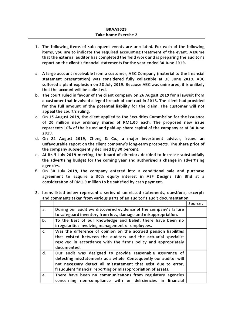 Take Home Exercise 2 | PDF | Audit | Business