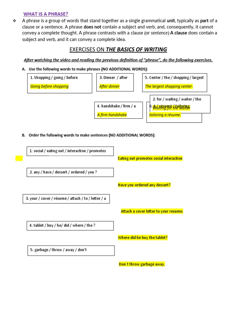 Basic Writing Exercises | PDF | Sentence (Linguistics) | Phrase