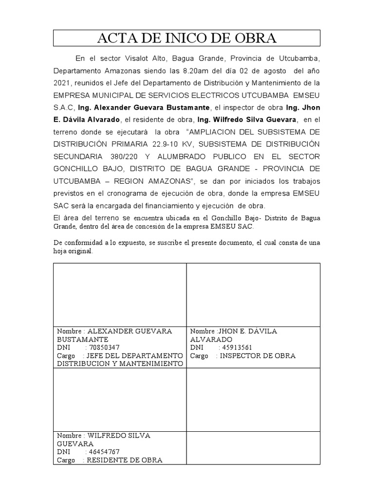 03 - Acta de Inicio de Obra | PDF
