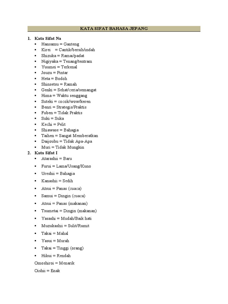 Kata Sifat Bahasa Jepang | PDF