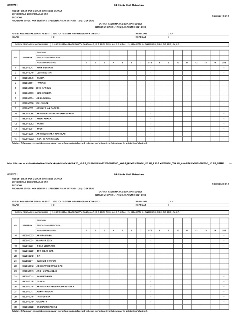 Daftar Hadir Mahasiswa SIA UNM | PDF