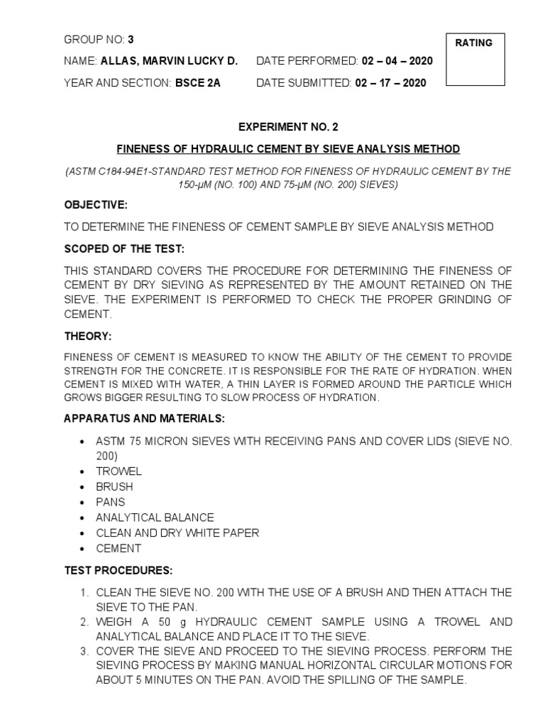 Experiment No. 2 Fineness of Hydraulic Cement by Sieve Analysis Method ...