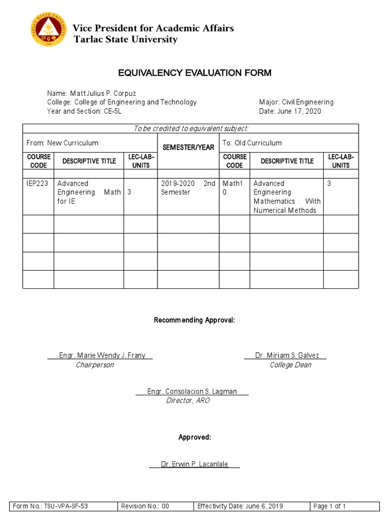 Vice President For Academic Affairs Tarlac State University: Equivalency Evaluation Form | PDF ...
