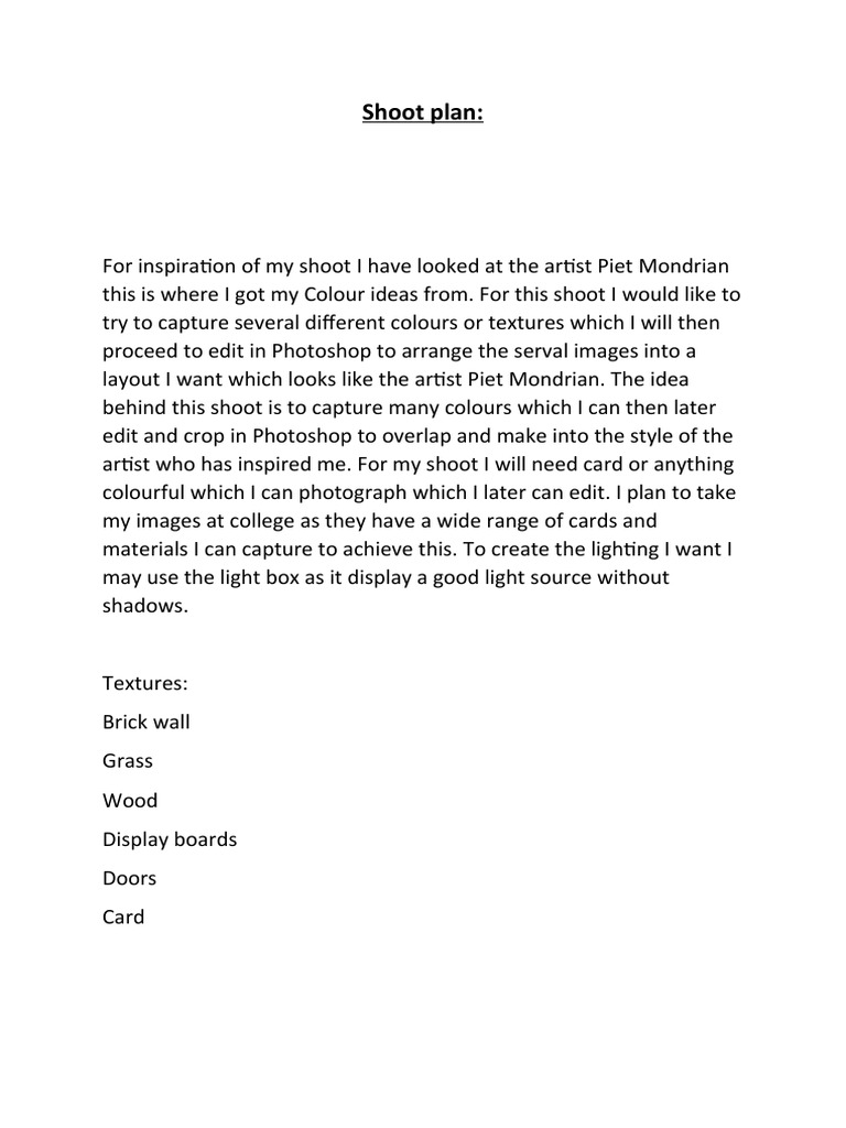 Shoot Plan | PDF | Art