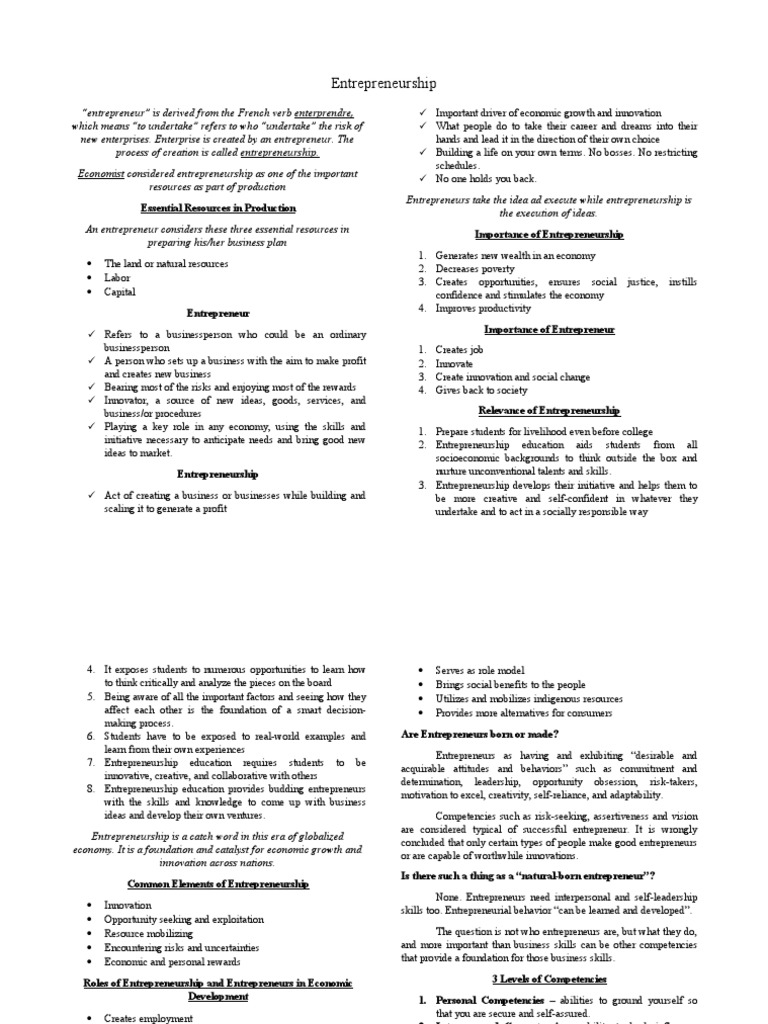 Entrepreneurship: Essential Resources in Production Importance of ...