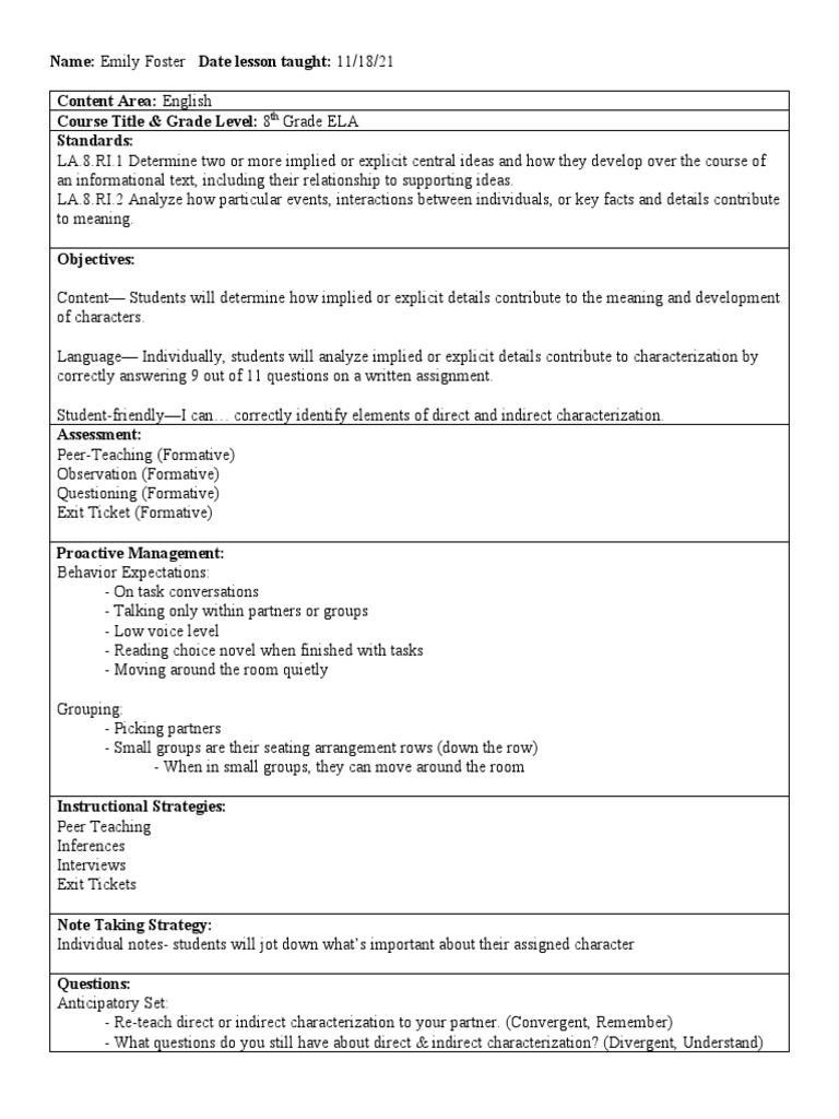 Direct Indirect Characterization Lesson | PDF | Lesson Plan | Learning