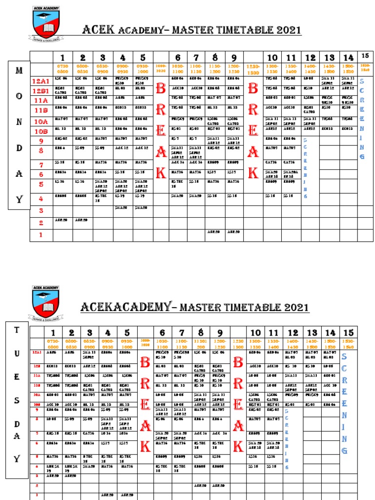 Master Timetable 2021 Term 1a | PDF