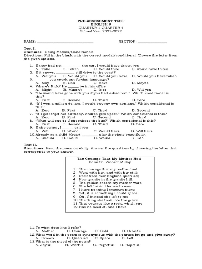 Pre-Assessment Test | PDF