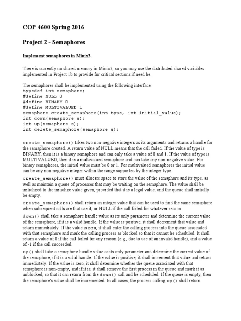 COP 4600 Spring 2016 Project 2 - Semaphores: Implement Semaphores in Minix3 | PDF | Integer ...