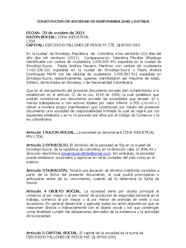 Acta de Constitucion Sociedad Ltda | PDF | Sociedad de responsabilidad limitada | Colombia