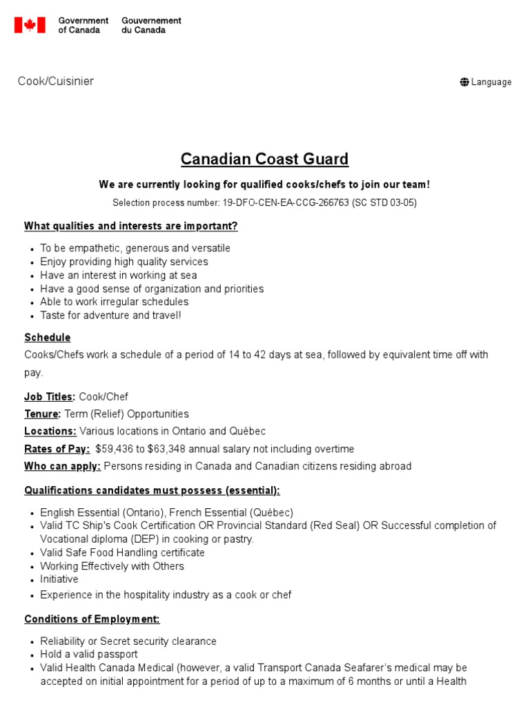 Canadian Coast Guard: Cook/Cuisinier | PDF | Canada | Employment