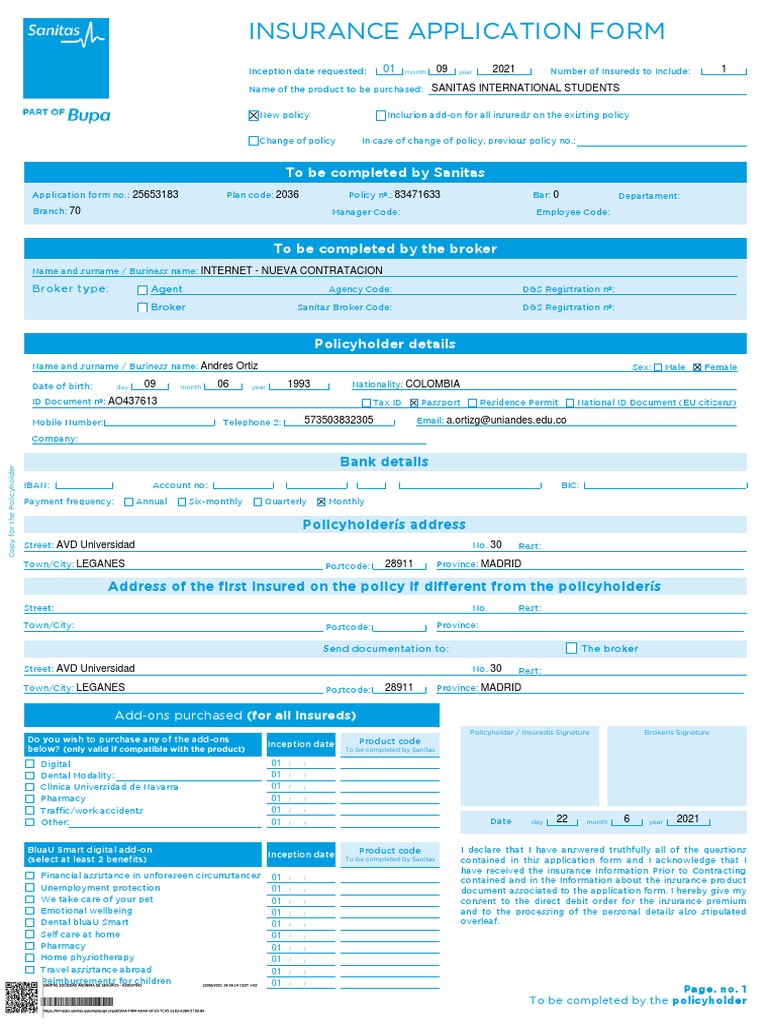 Insurance Application Form: To Be Completed by Sanitas | PDF ...