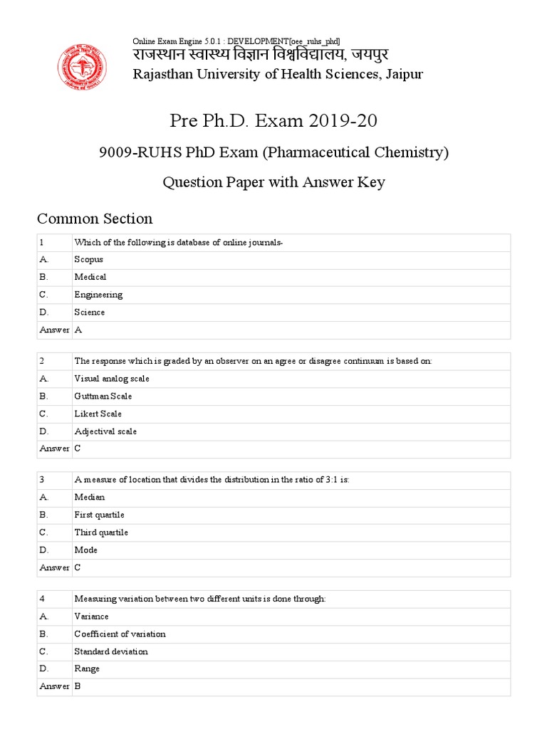 Pre Ph.D. Exam 2019-20: 9009-Ruhs PHD Exam (Pharmaceutical Chemistry ...