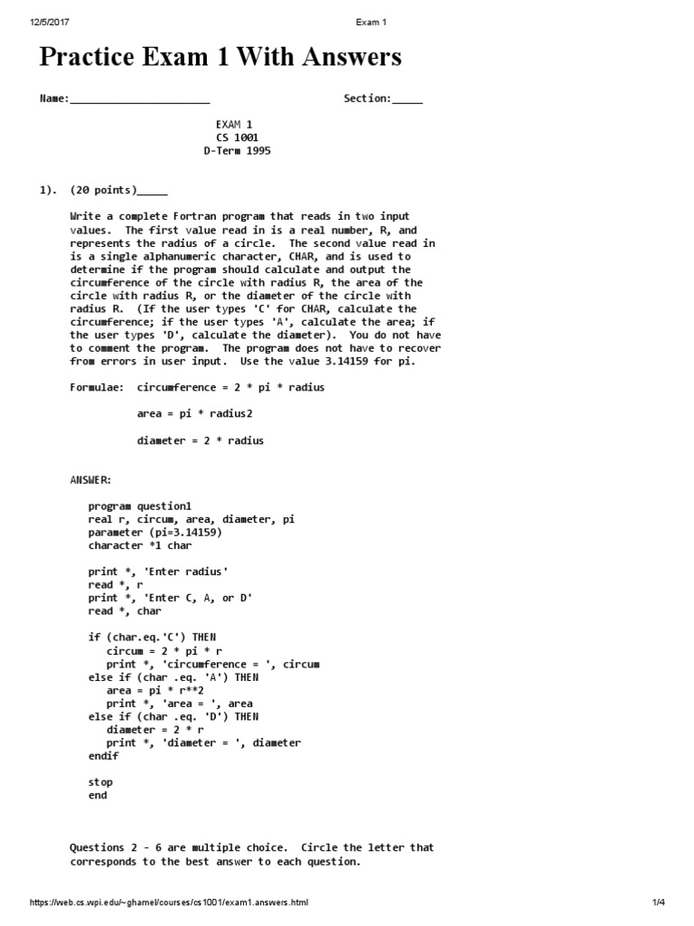 Practice Exam 1 With Answers | PDF | Area | Computer Science