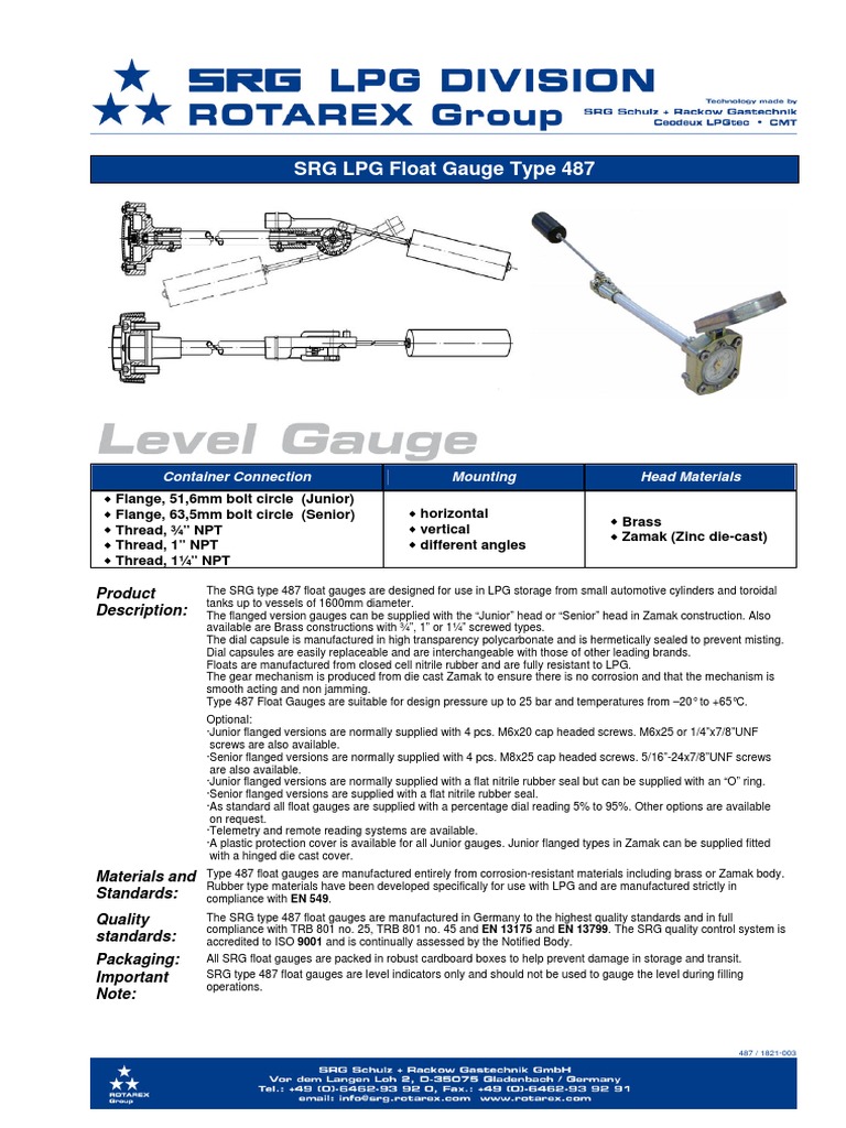 SRG LPG Float Gauge Type 487: Container Connection Mounting Head ...