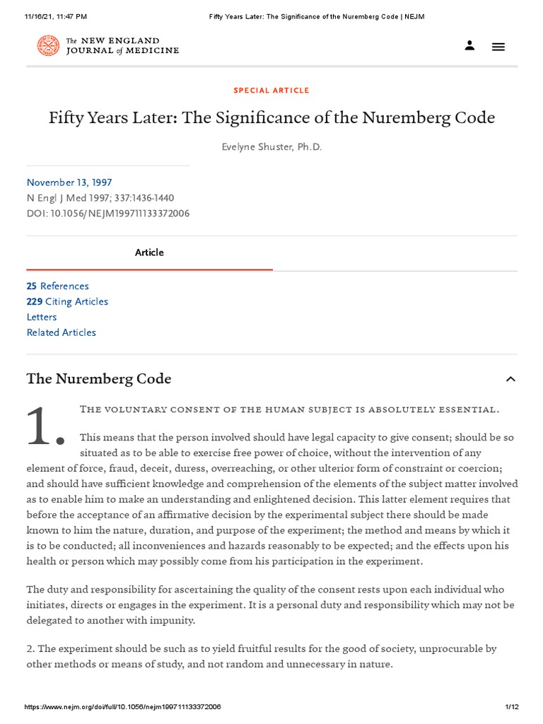 Fifty Years Later - The Significance of The Nuremberg Code - NEJM | PDF ...