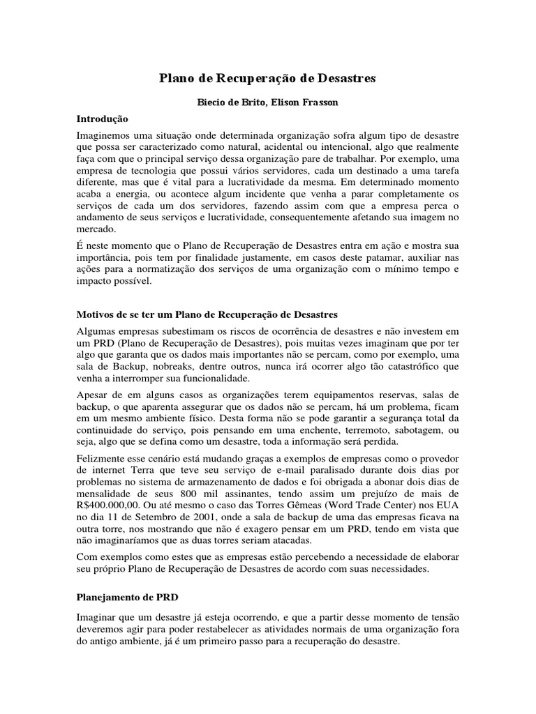 10 - Plano-de-Recuperação-de-Desastres | PDF | Cópia de segurança ...