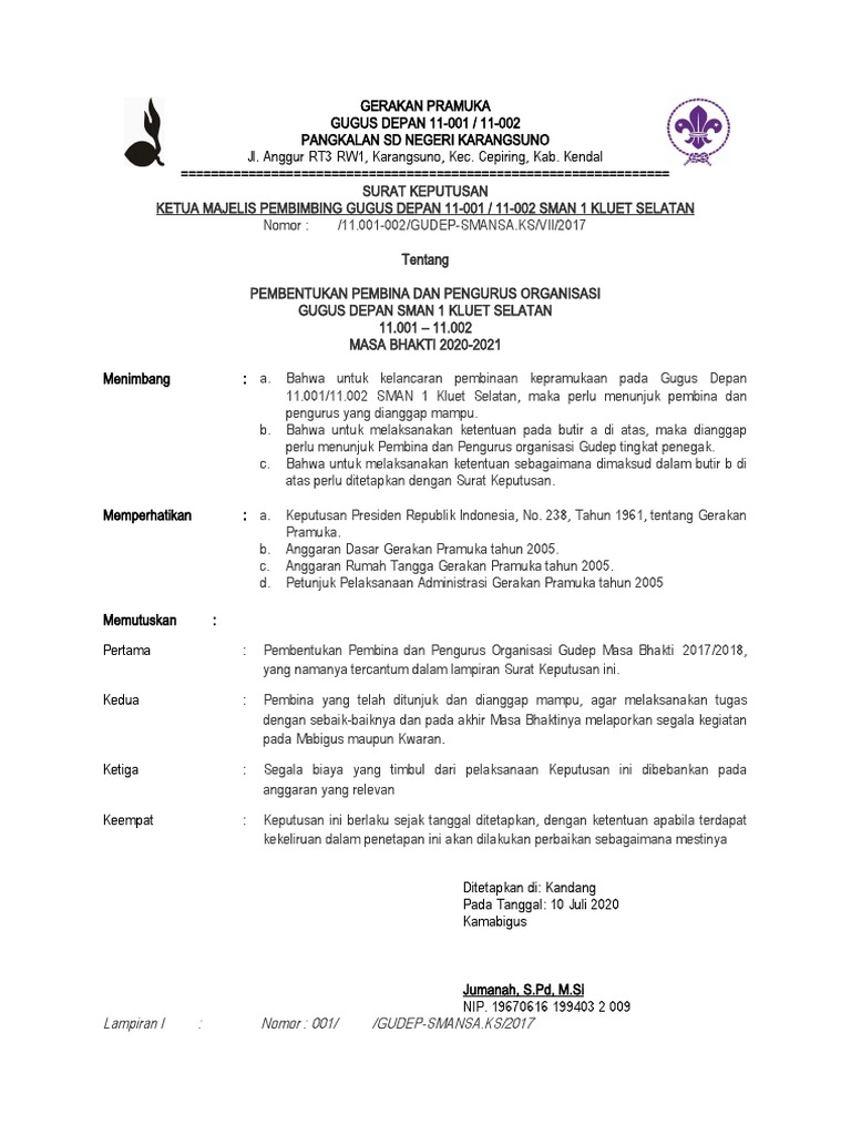 Contoh SK Pembina Dan Pengurus Gudep | PDF