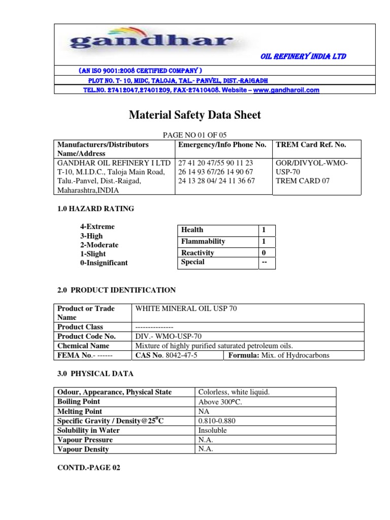 MSDS Vaselina Líquida | PDF | Oil Refinery | Firefighting