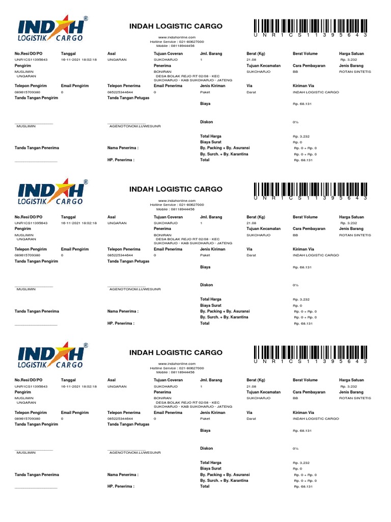 Contoh Resi Indah Logistic Cargo | PDF