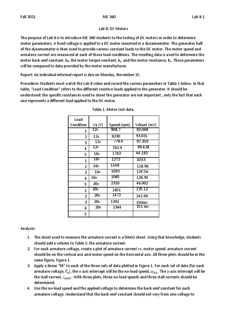 Lab 8 - DC Motor Testing | Download Free PDF | Electric Motor ...