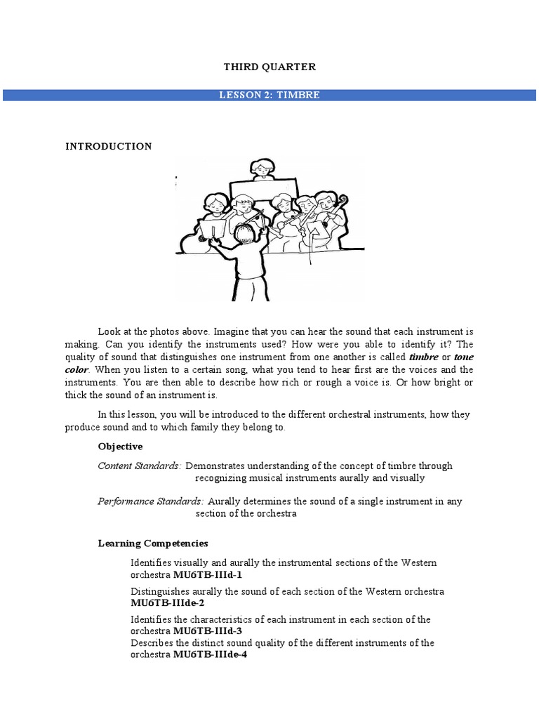 Third Quarter: Lesson 2: Timbre | PDF | Brass Instruments | String Instruments