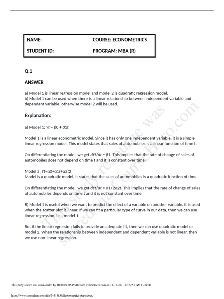 Econometrics Paper Pdf Coefficient Of Determination Errors And